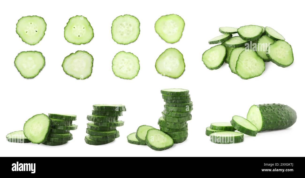 Many sliced cucumbers isolated on white, collage Stock Photo - Alamy