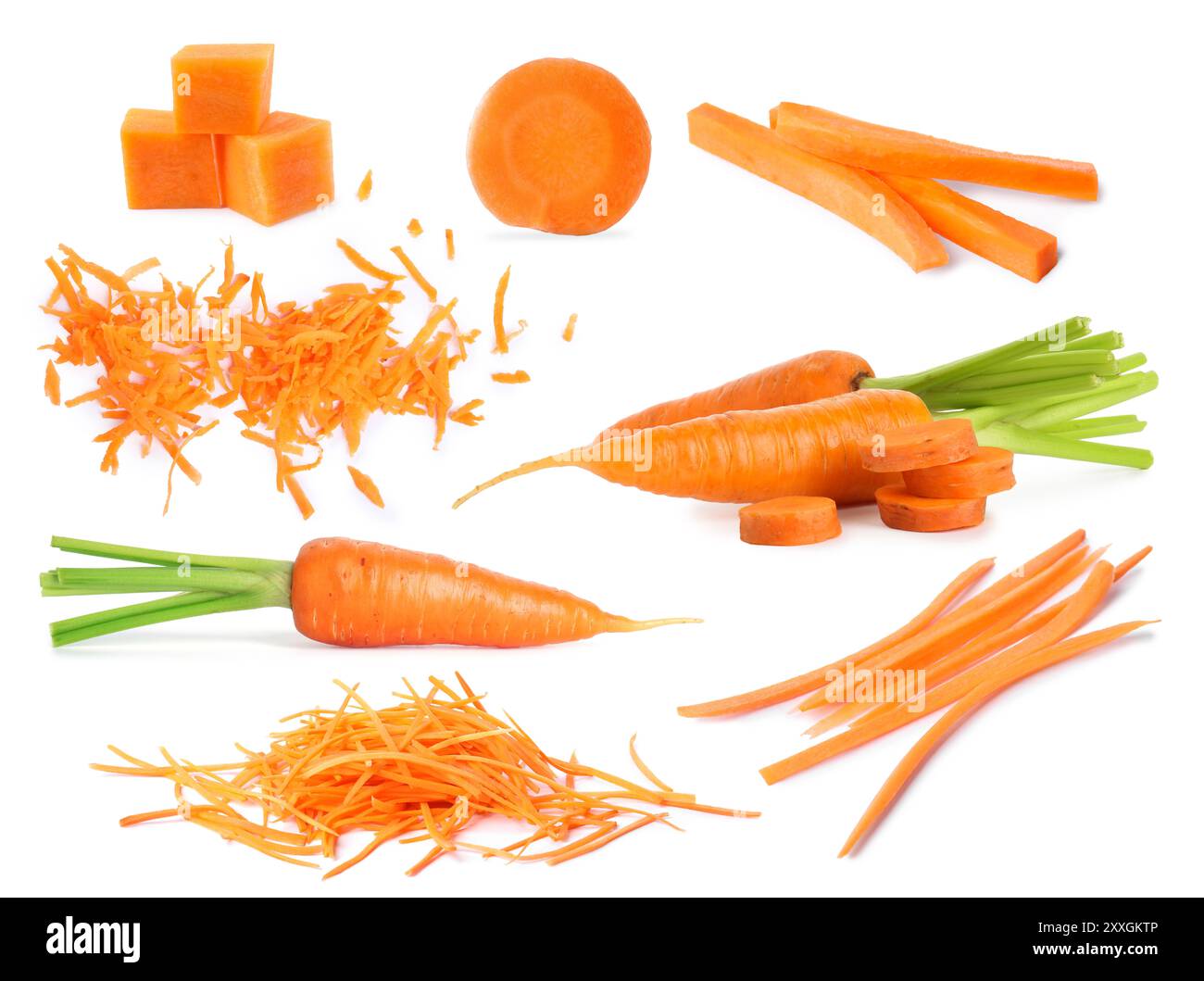 Fresh carrots isolated on white, collage. Different types of cuts Stock ...