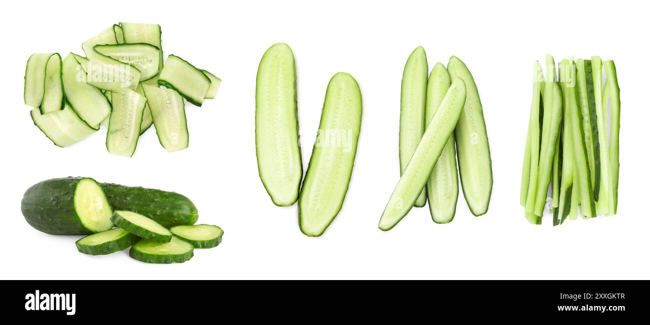 Fresh cucumbers isolated on white, collage. Different types of cuts ...