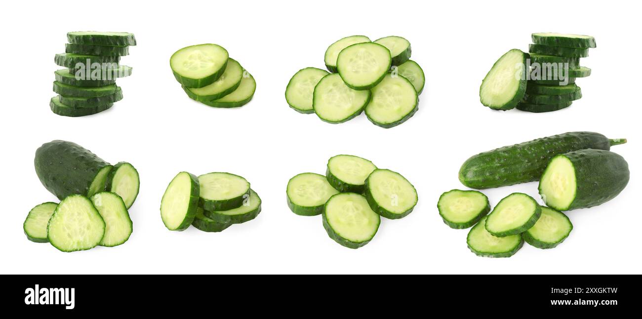 Many sliced cucumbers isolated on white, collage Stock Photo - Alamy