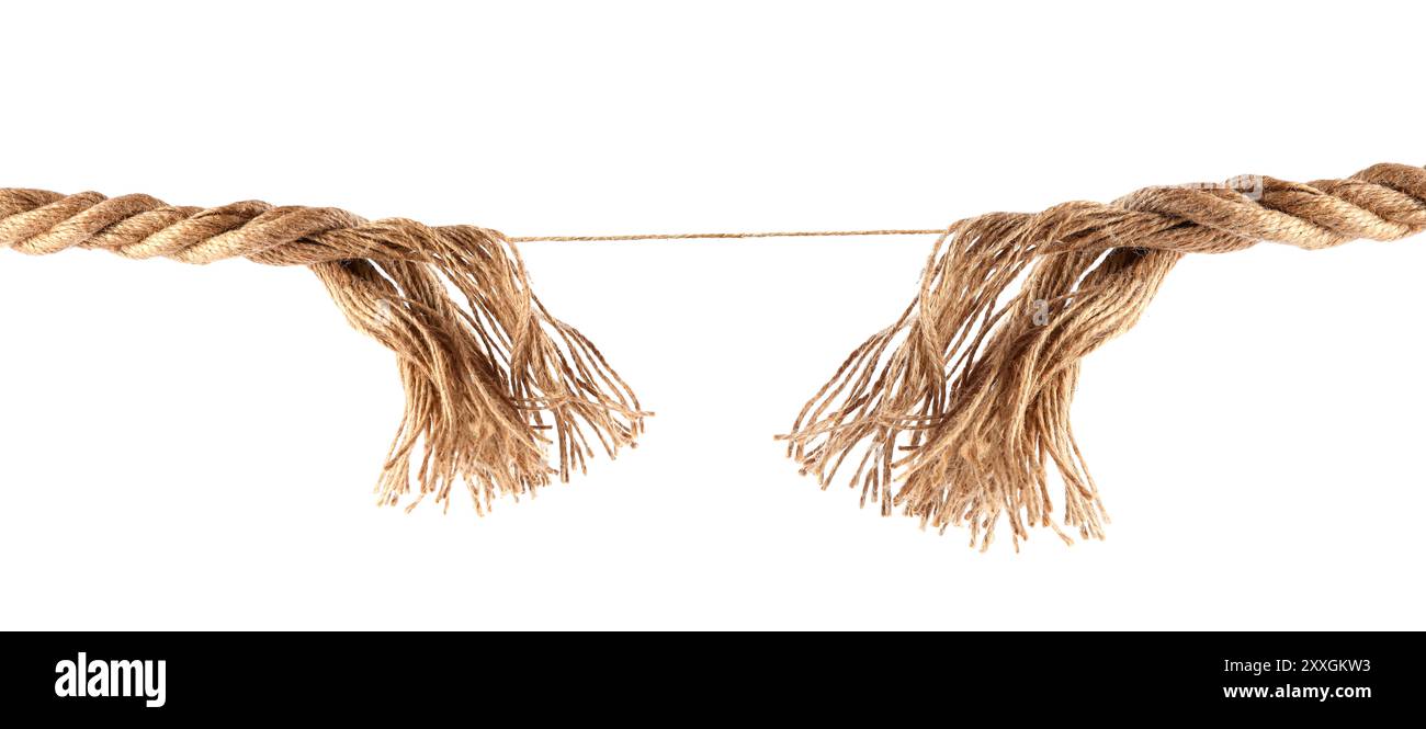 One string connecting almost torn rope isolated on white Stock Photo ...