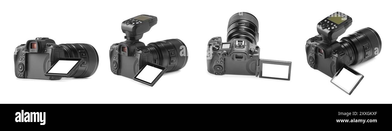 Modern camera with lens on white background, collage. Photographer's ...