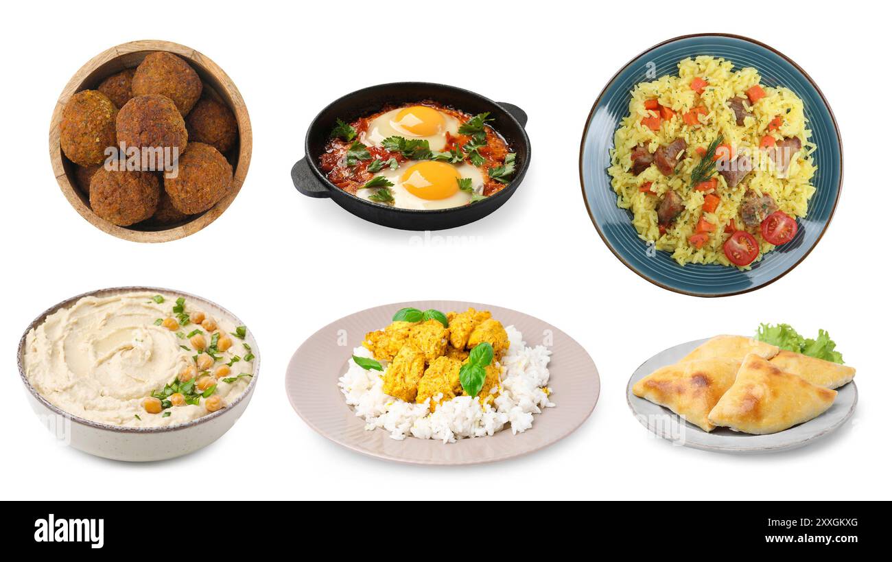 Hummus, samosas, falafel balls, shakshuka, pilaf and rice with curry on ...
