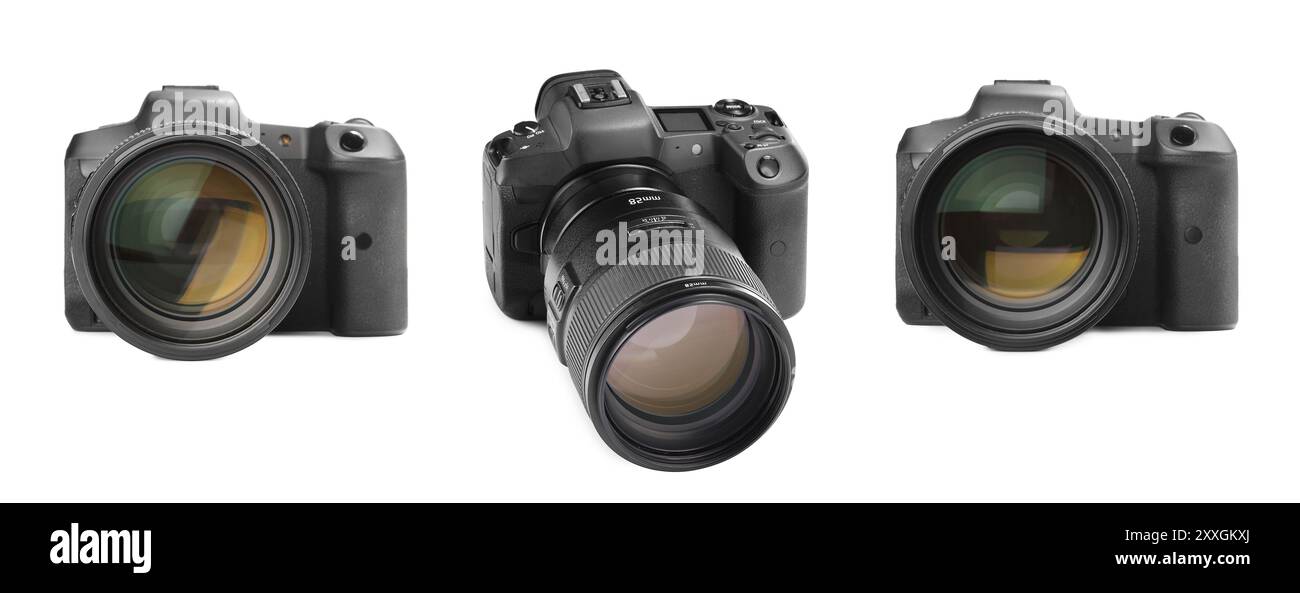 Modern camera with lens on white background, collage. Photographer's ...