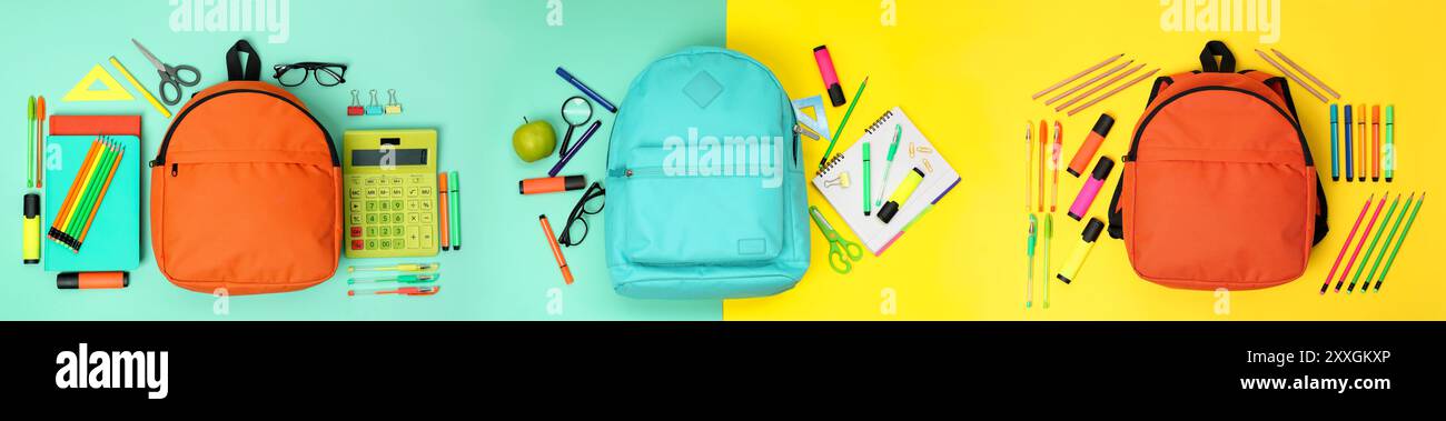Backpacks and stationery on different colors backgrounds, collection ...