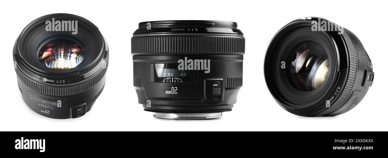 Camera lens on white background, collage. Photographer's equipment ...