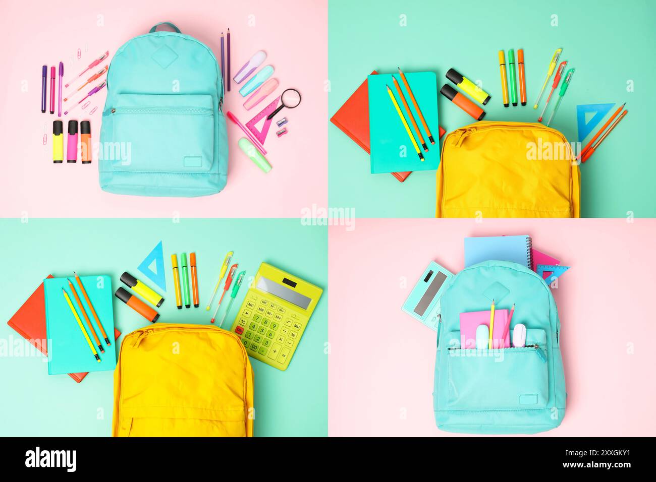 Backpacks and stationery on different colors backgrounds, collection ...