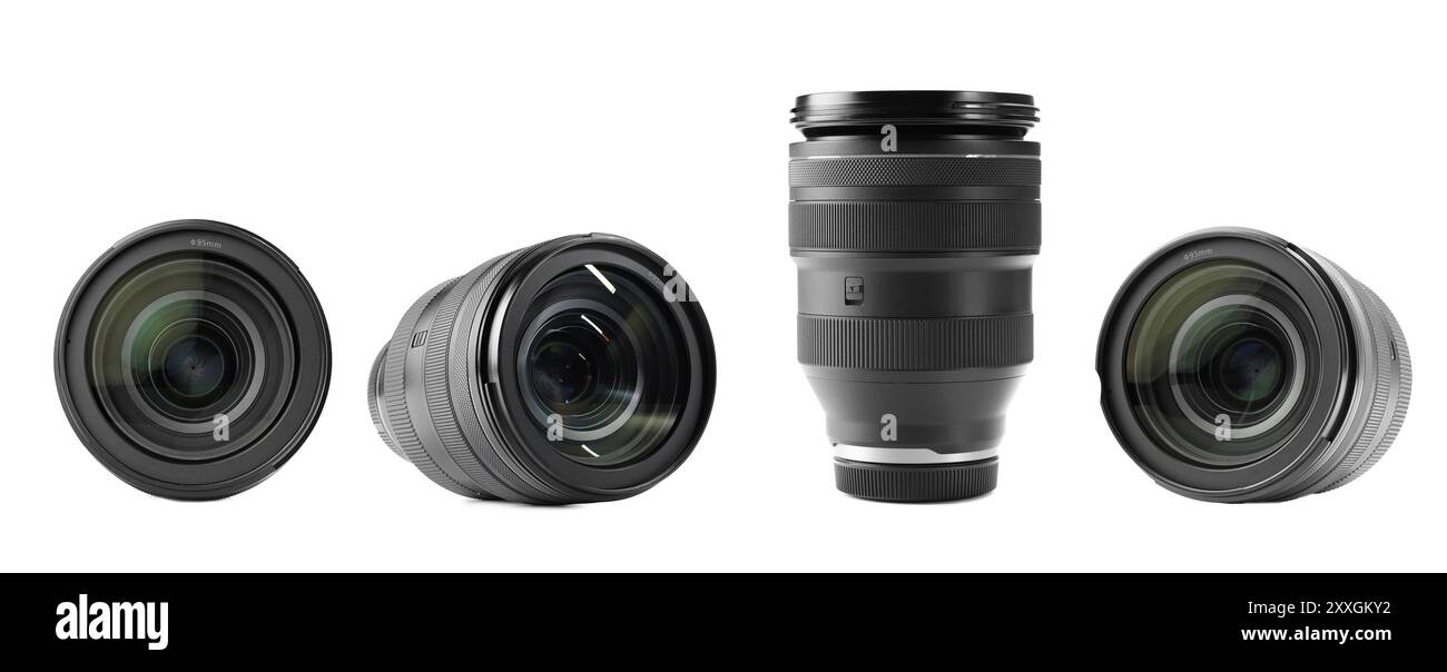 Camera lens on white background, collage. Photographer's equipment ...