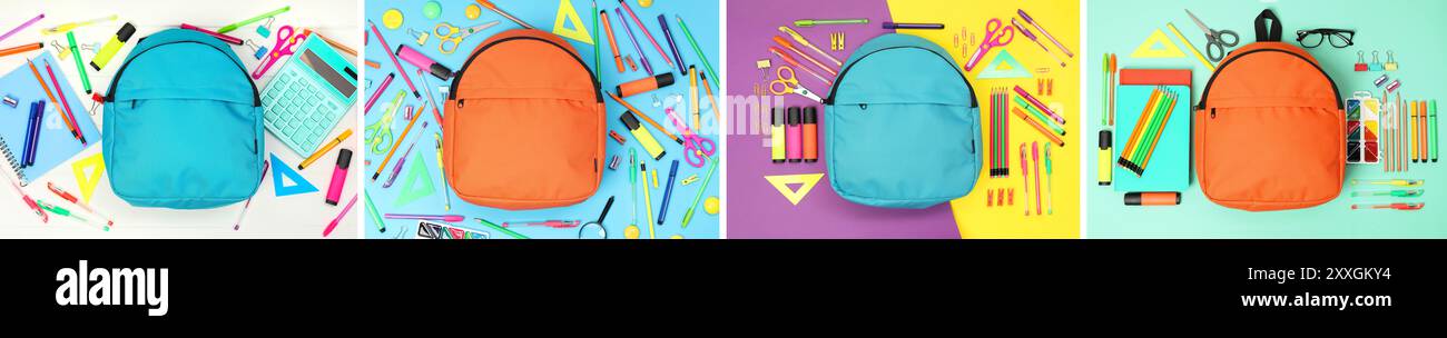 Backpacks and stationery on different colors backgrounds, collection ...