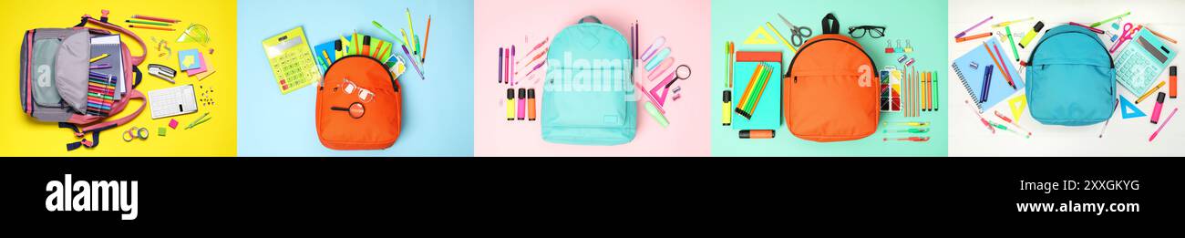 Backpacks and stationery on different colors backgrounds, collection ...