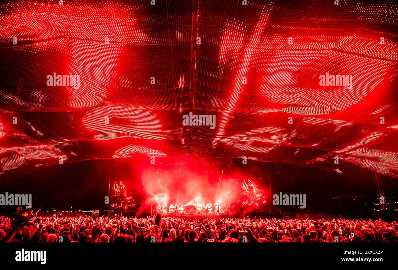 EDITORIAL USE ONLY The Prodigy performing during the Leeds Festival ...