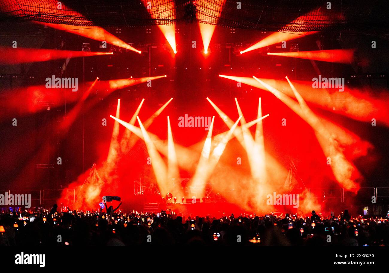 EDITORIAL USE ONLY The Prodigy performing during the Leeds Festival ...