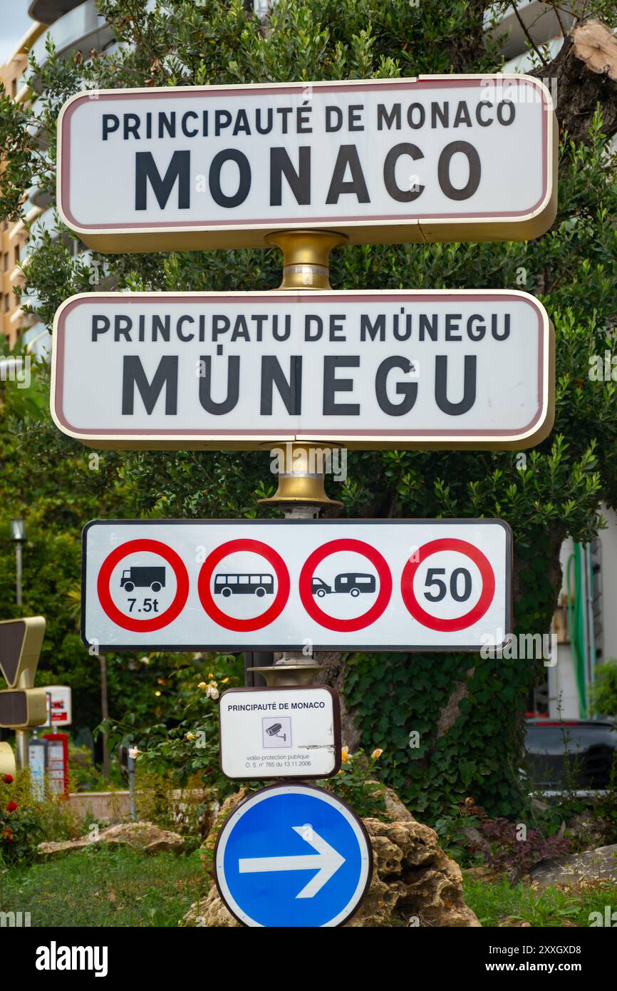 Driving car on French Riviera, road signes with directions to Monaco ...
