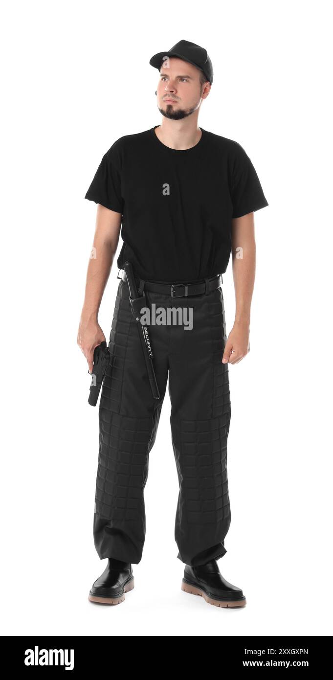 Young bodyguard with gun isolated on white Stock Photo - Alamy