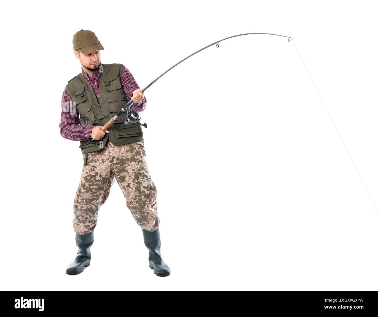 Fisherman with rod fishing on white background Stock Photo - Alamy