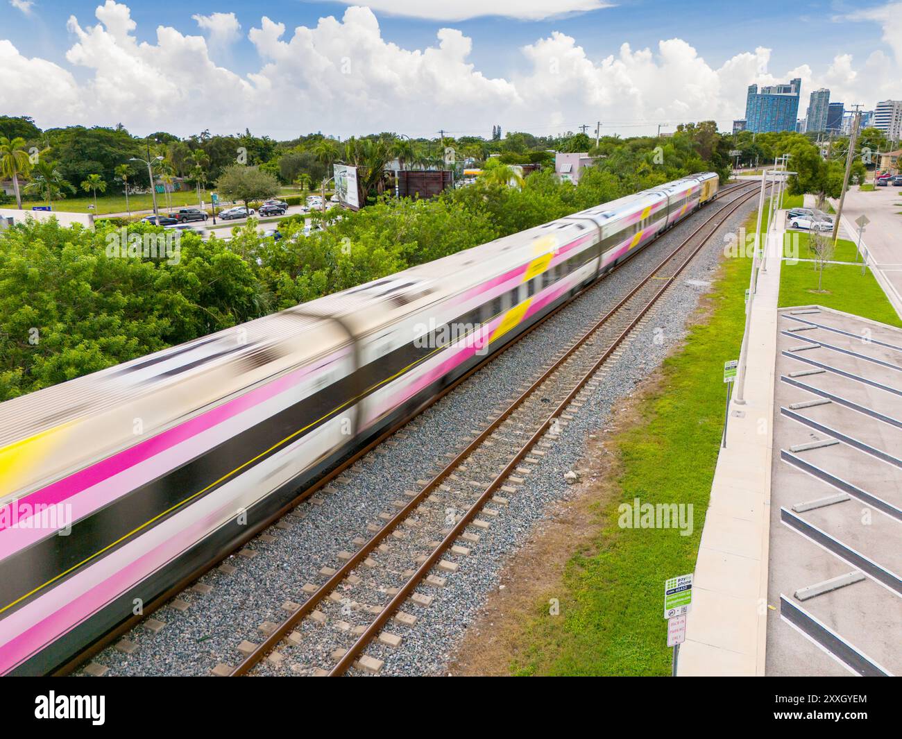 Miami, FL, USA - August 22, 2024: Brightline high speed train in fast ...