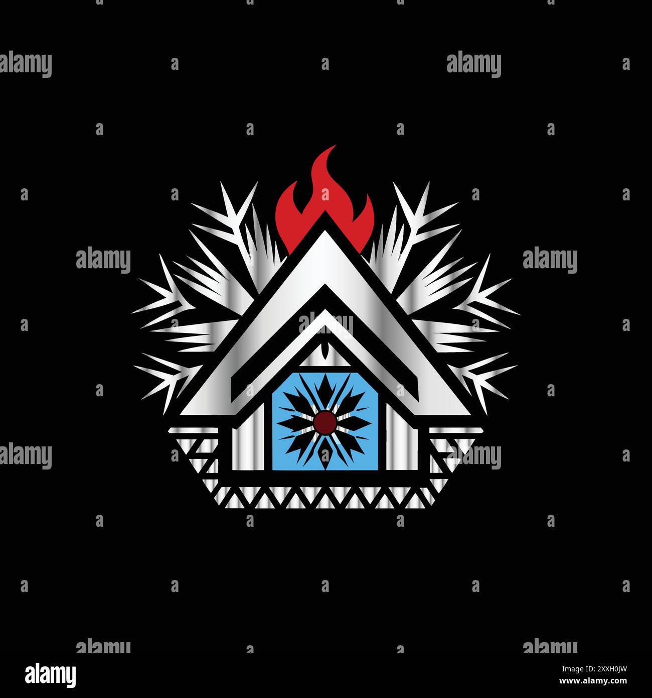House with snowflakes and fire. Vector illustration on black background ...