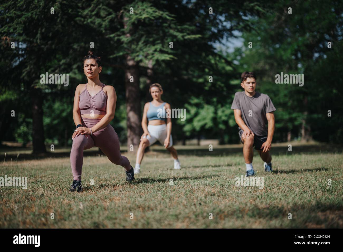 Group of people exercising in a park doing calisthenics and stretching ...