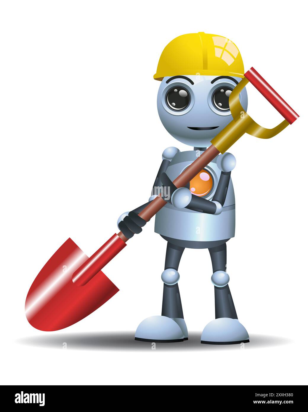 3D illustration of a little robot worker construction holding shovel on ...