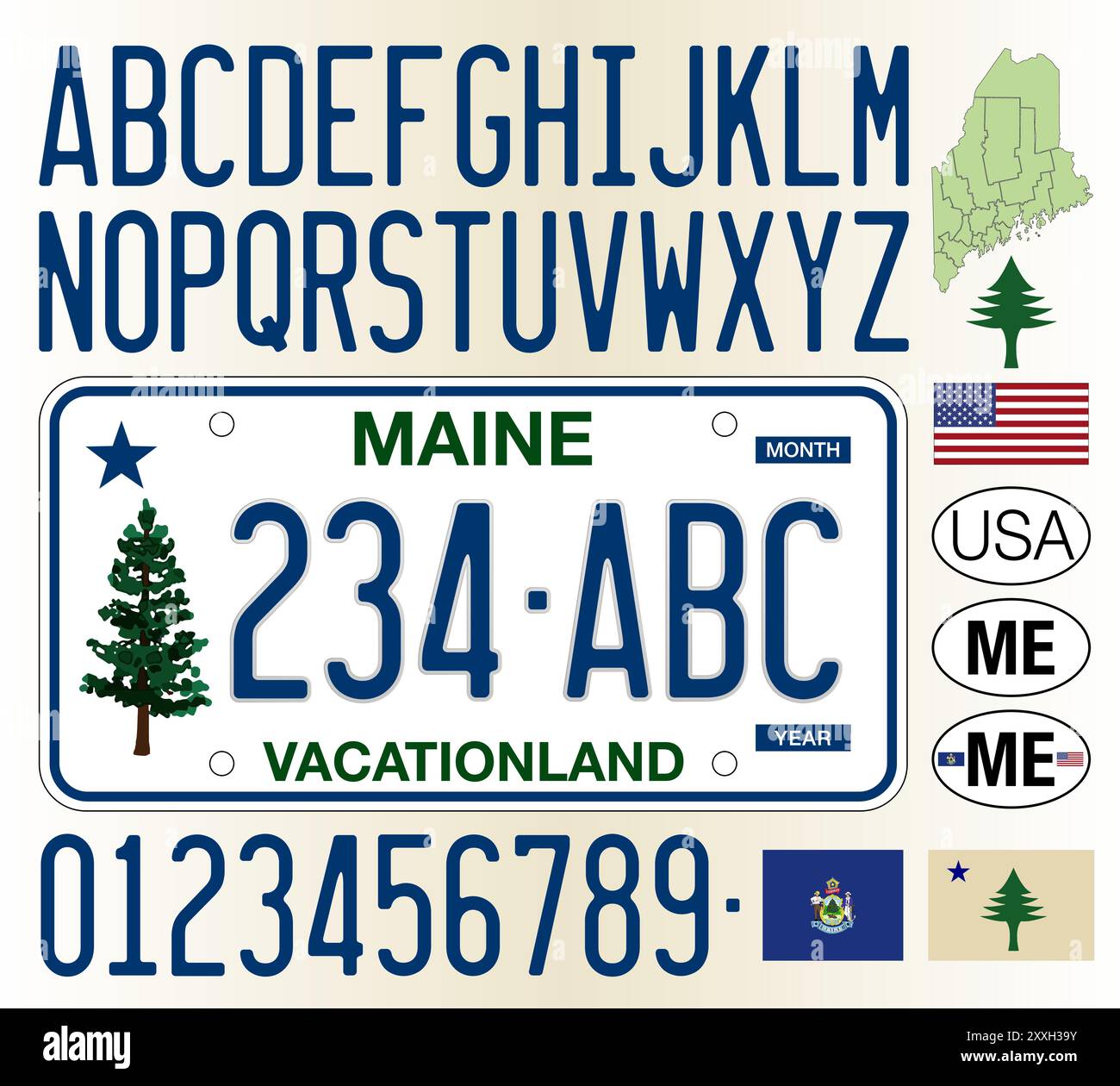 Maine new style car license plate pattern, letters, numbers and symbols ...