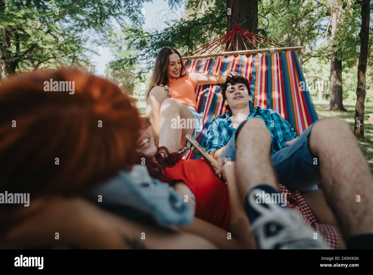A joyful group of friends relaxing together on a colorful hammock in a ...