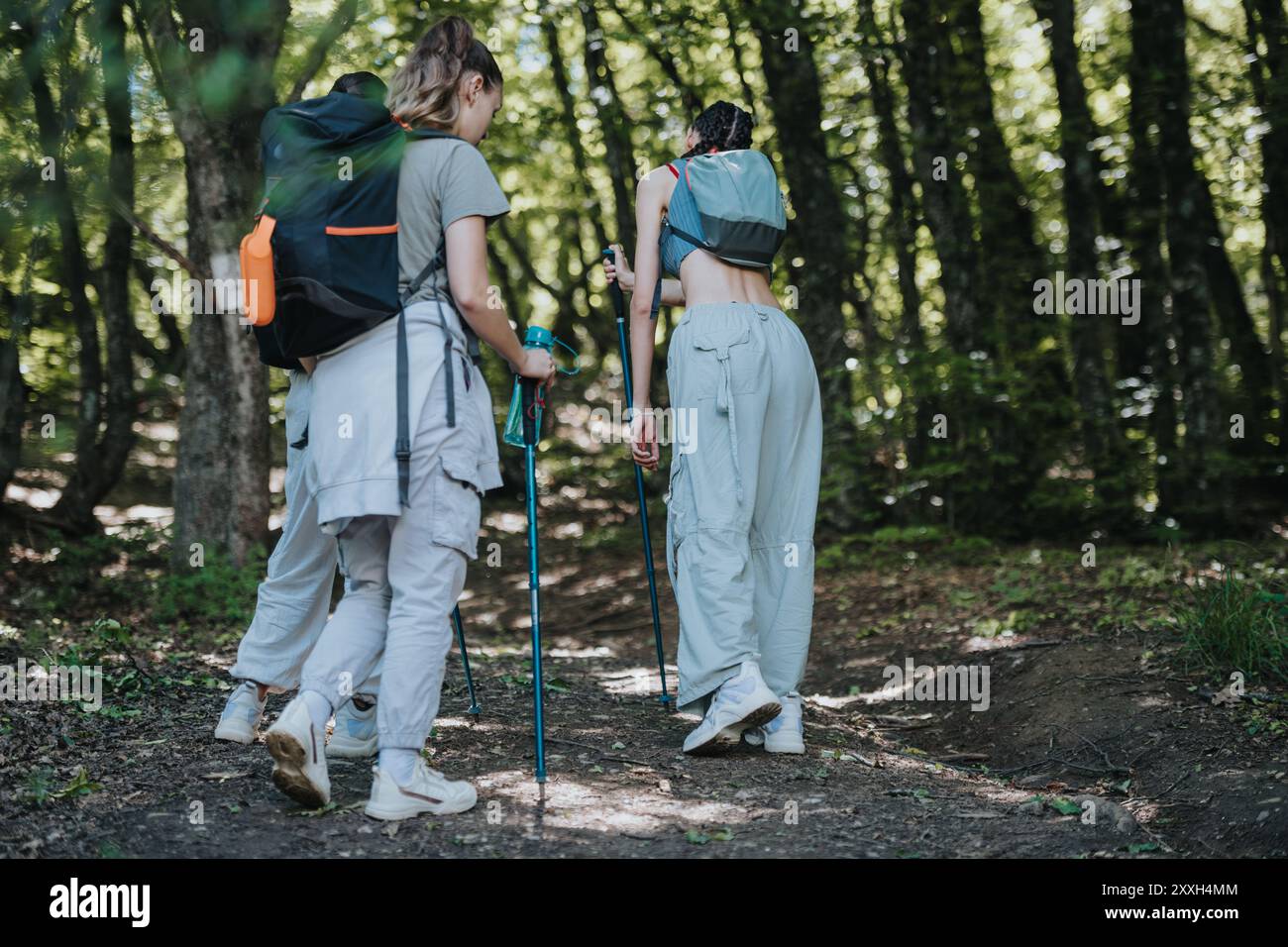 Two friends enjoy an adventurous day hiking through a scenic mountain ...