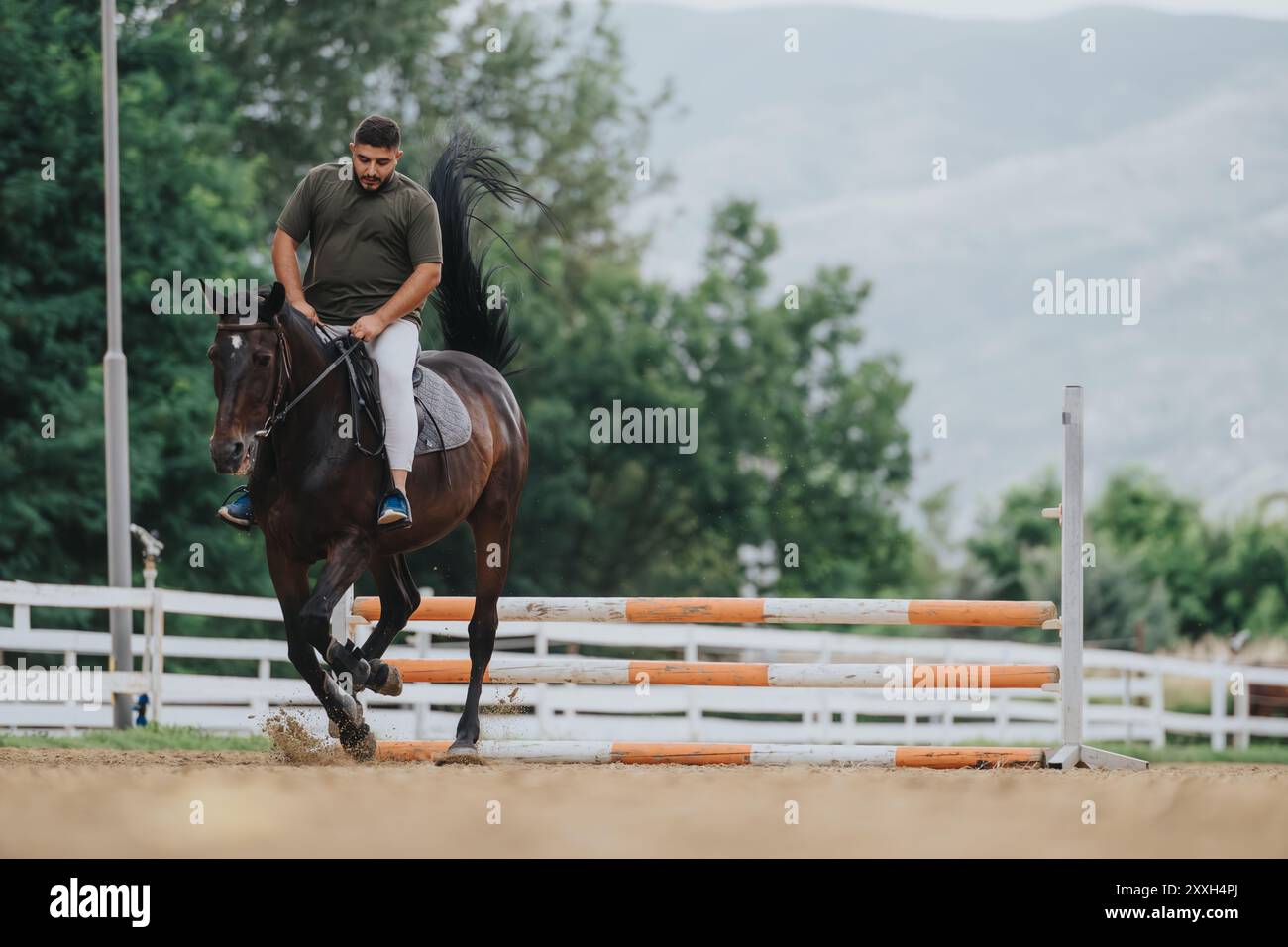 Man horseback riding in equestrian competition, jumping over obstacles ...