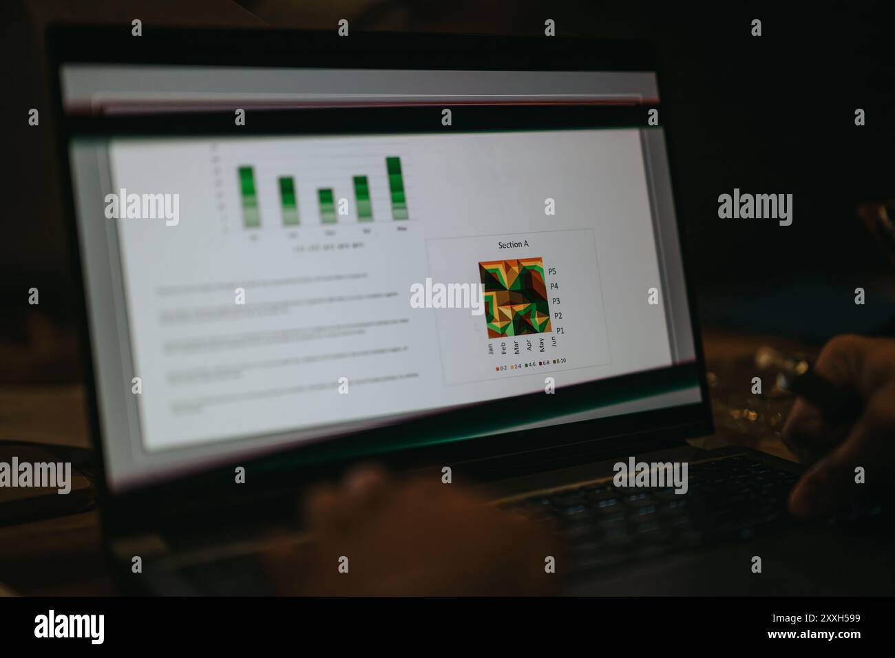 Business professional analyzing graph and chart on laptop screen for ...
