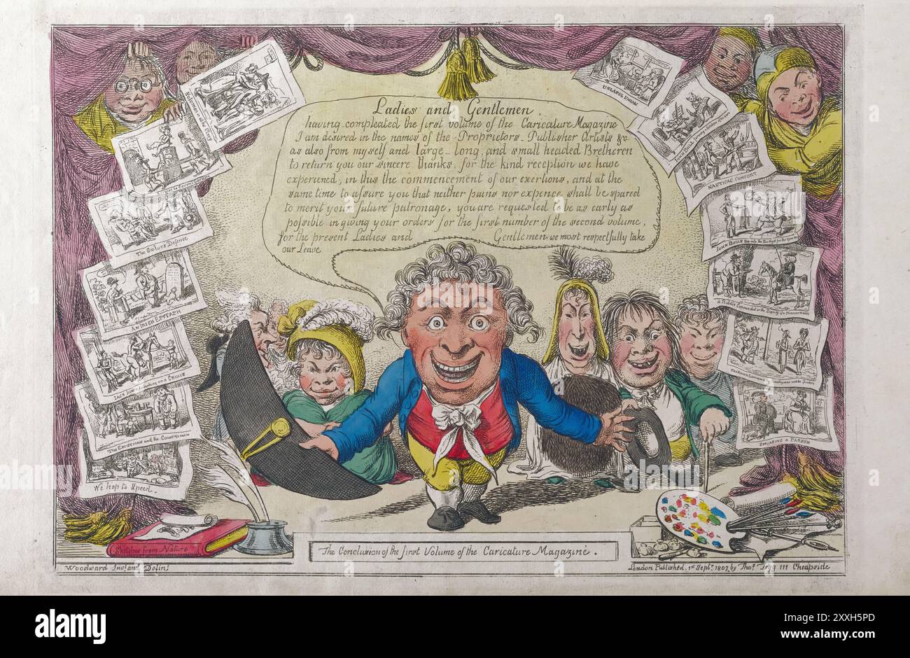 A humorous cartoon print coloured engraving of Conclusion of the first ...