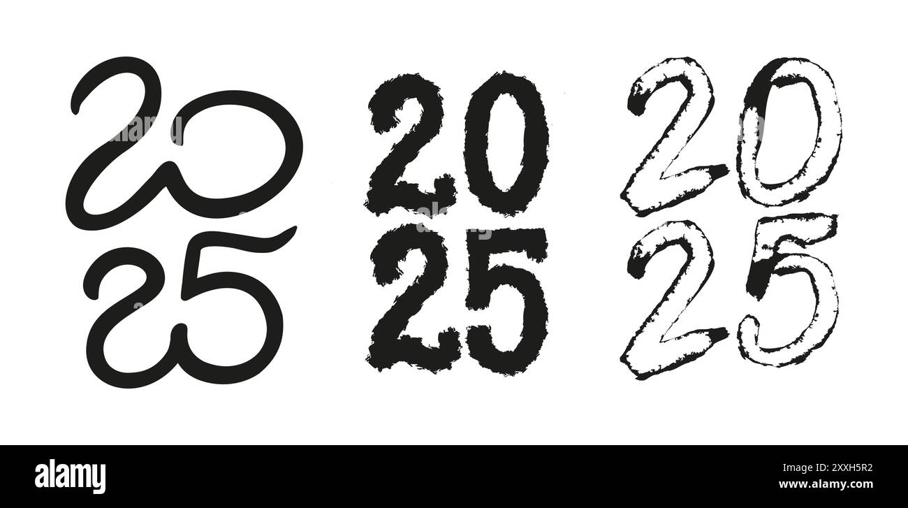 Vector set of illustration 2025 year black vertical handwriting font ...