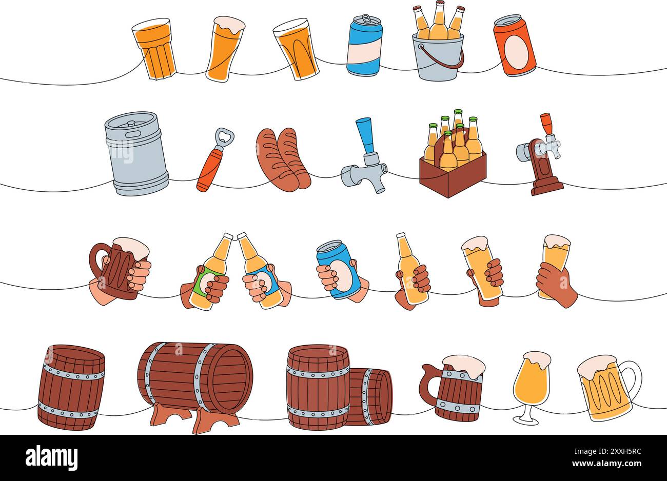 Beer pub one line colored continuous drawing. Barrels, cans, mugs ...