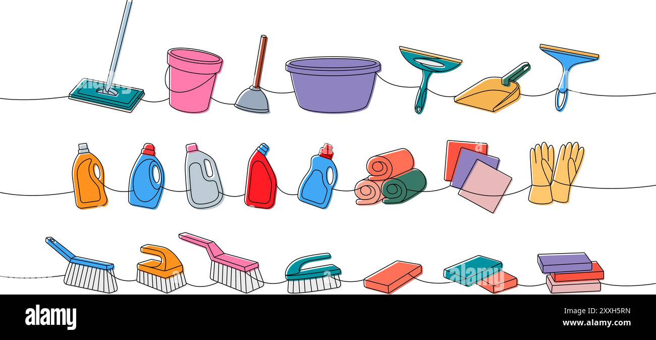 Housekeeping set one line. Floor mop, bucket, plunger, scoop, sponges ...