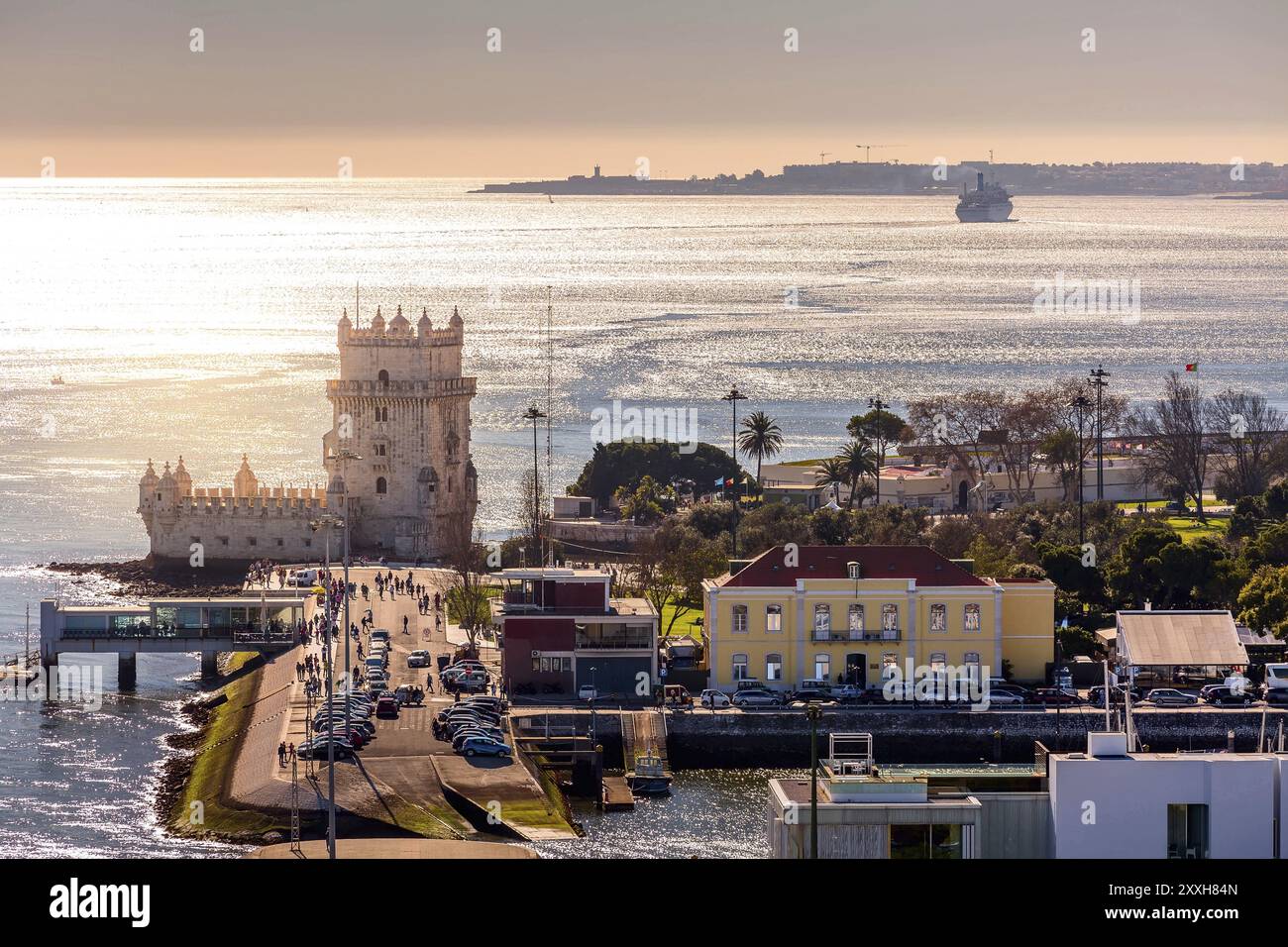 Lisbon landmark, Belem Tower at Tagus River, Portugal, sunset aerial ...