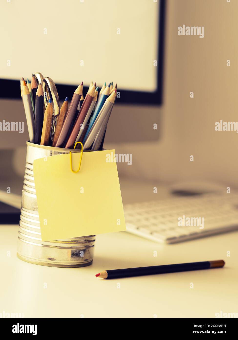 Sticky note close up on an office work space, selective focus retro ...