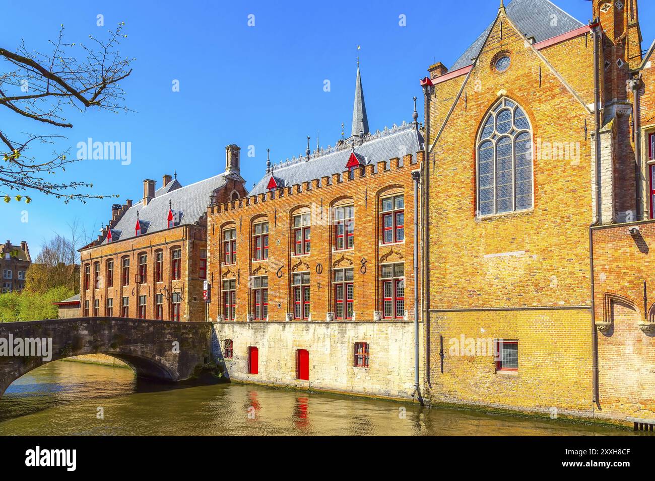 Bruges, Belgium scenic cityscape with medieval houses, bridge and canal ...