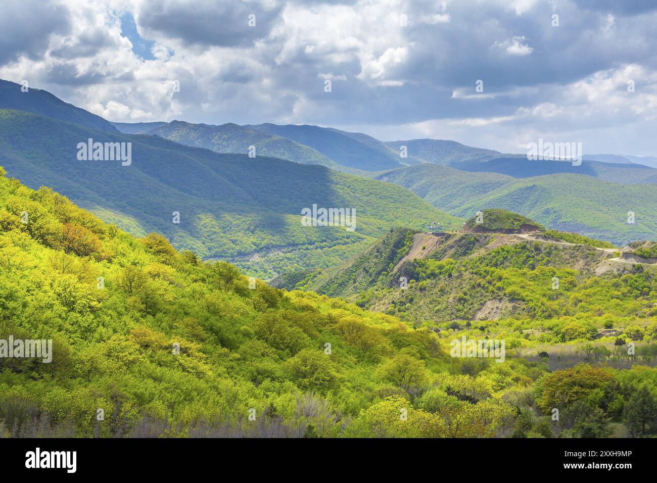 Green caucasus mountain landscape and road in Georgia, natural travel ...