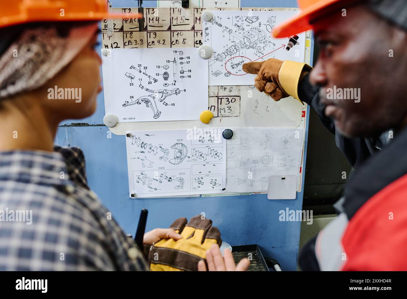 Two engineers reviewing detailed schematics on bulletin board, one ...