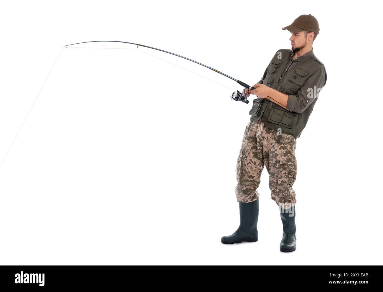 Fisherman with rod fishing on white background Stock Photo - Alamy