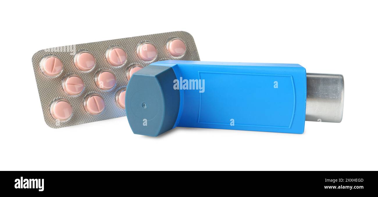 Asthma treatment. Inhaler and pills isolated on white Stock Photo - Alamy