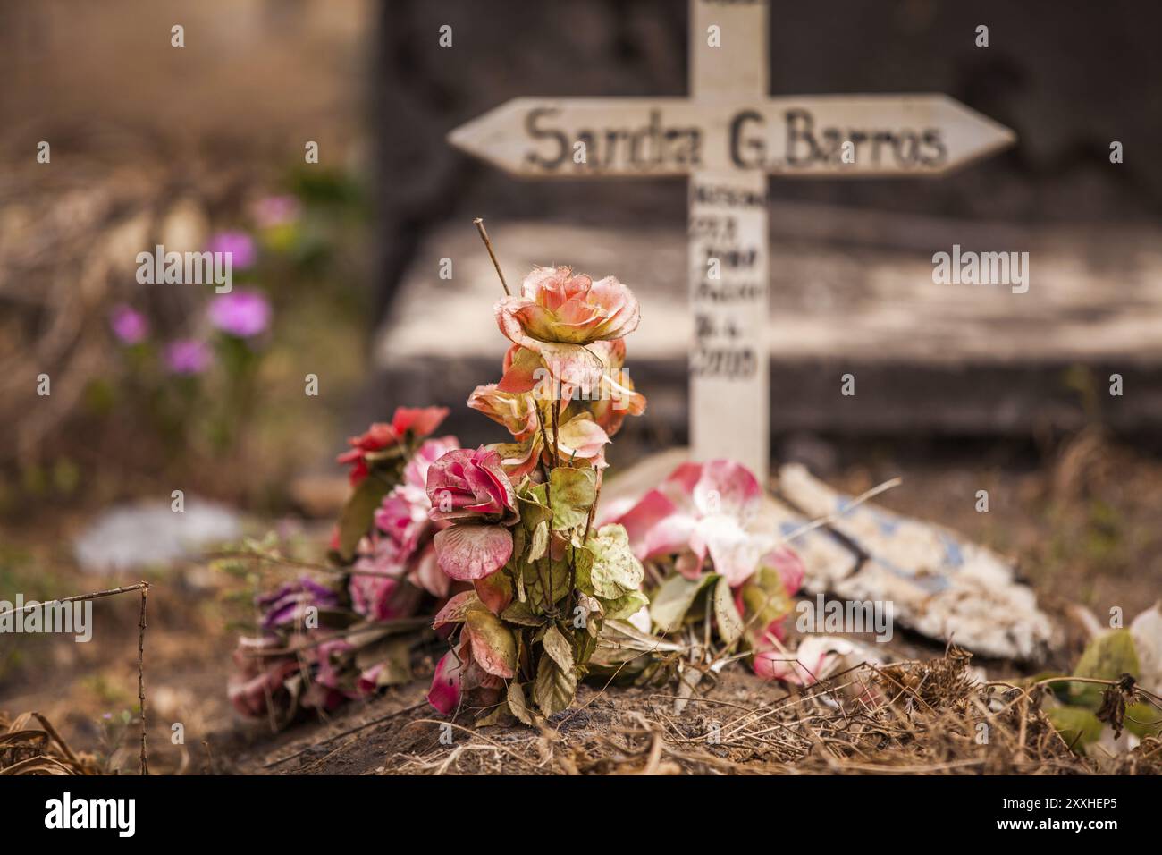 Silk flower decoration on a small tomb with a small wooden cross Stock ...