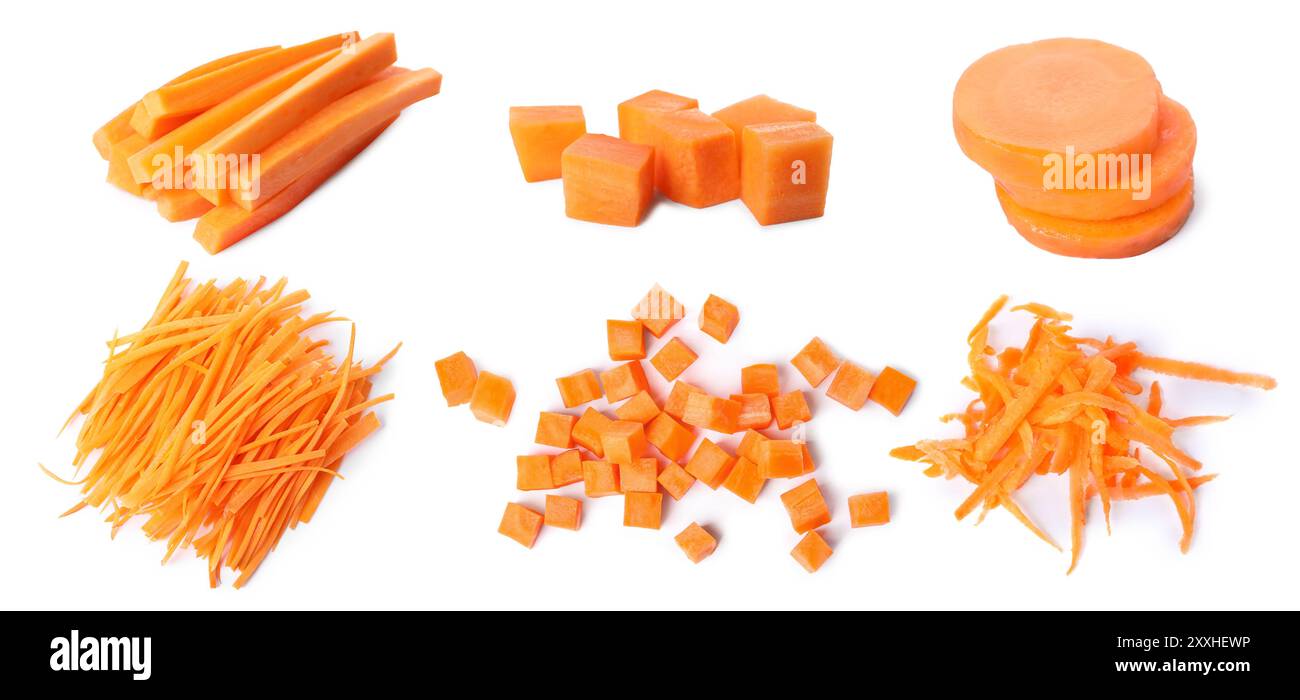 Fresh carrots isolated on white, collage. Different types of cuts Stock ...