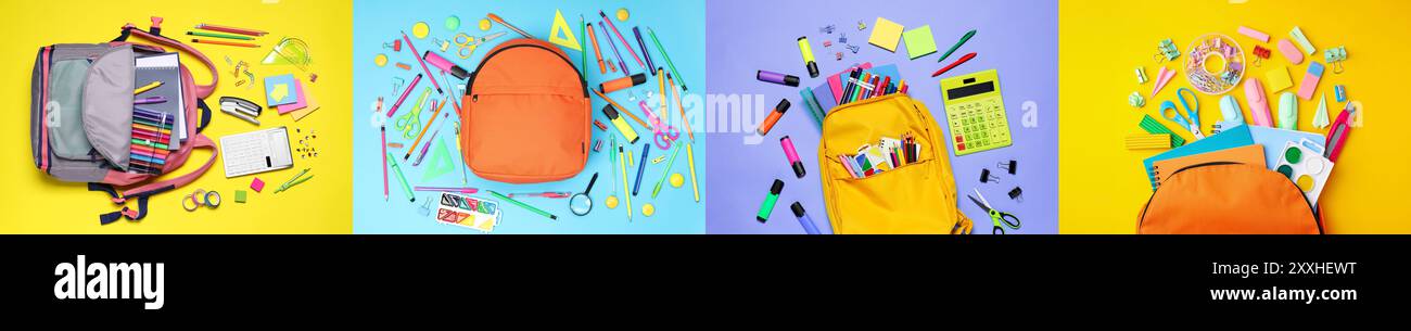 Backpacks and stationery on different colors backgrounds, collection ...