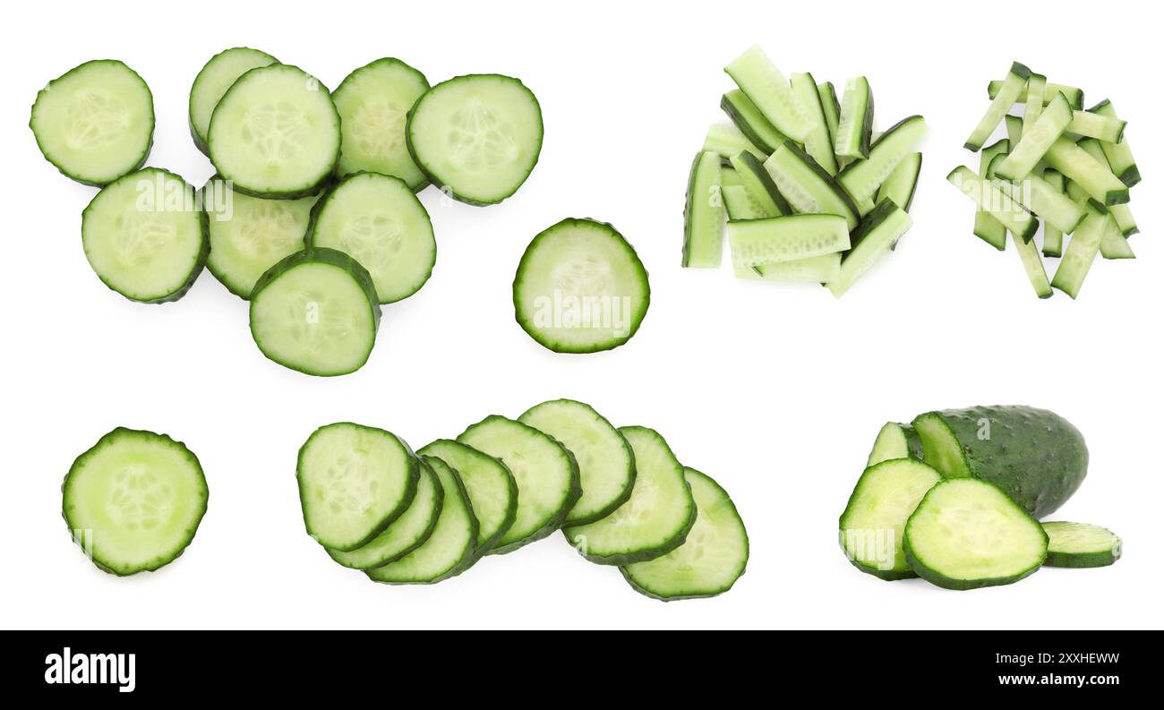 Fresh cucumbers isolated on white, collage. Different types of cuts ...