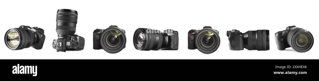 Modern camera with lens on white background, collage. Photographer's ...