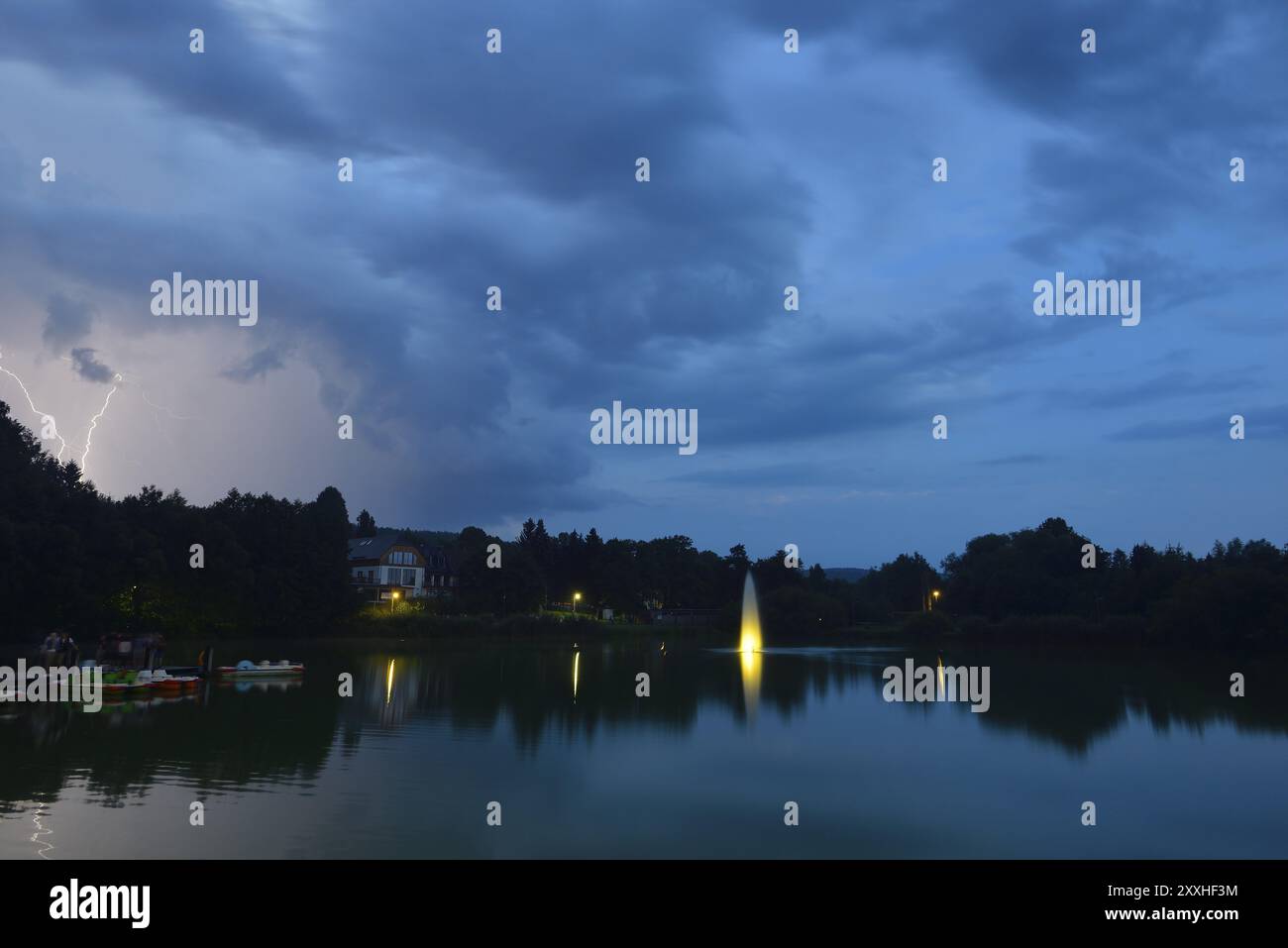 Reservoir Sohland at night, Thunderstorm in the night over a lake Stock ...