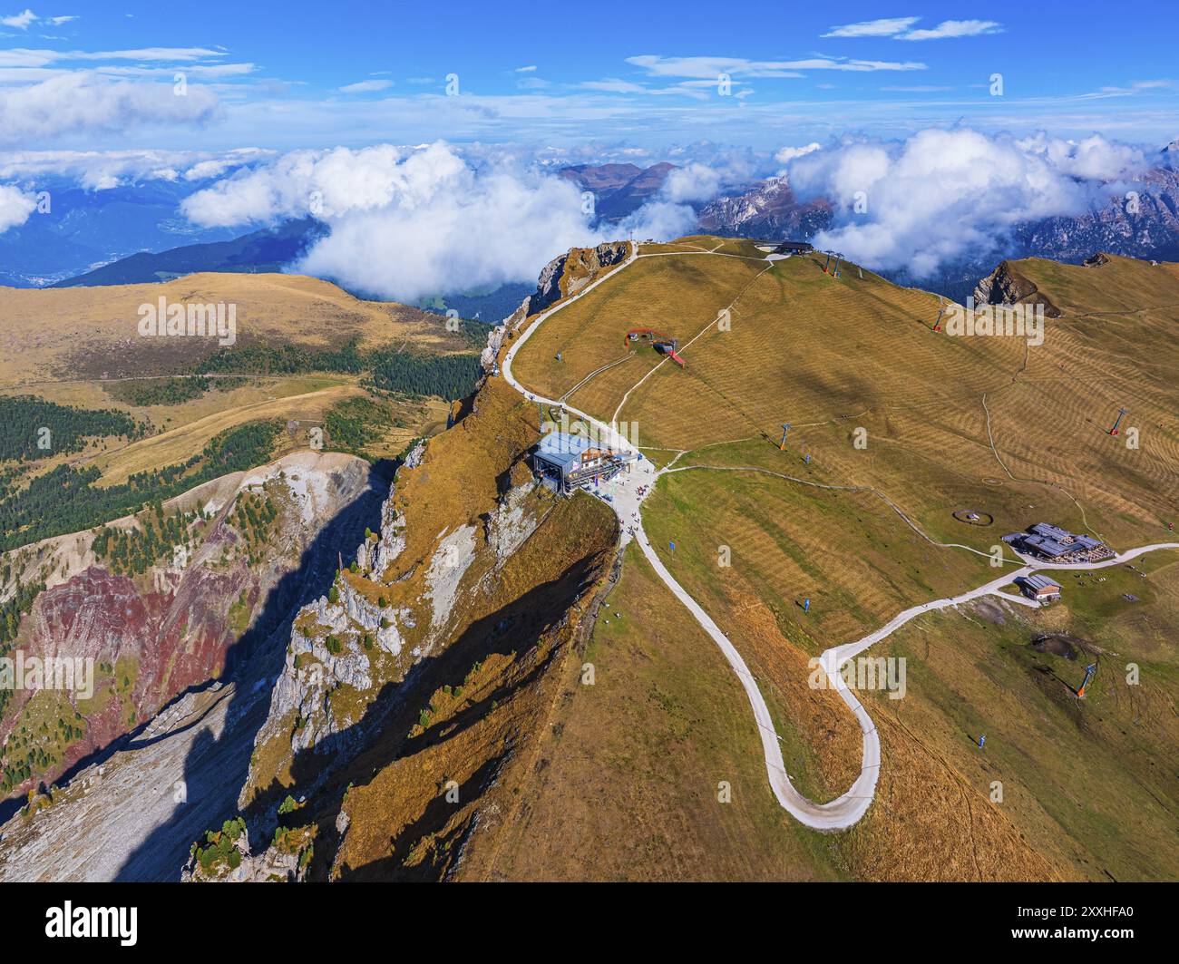 The summit station of the Seceda cable car, Sofie hut, drone shot, Val ...