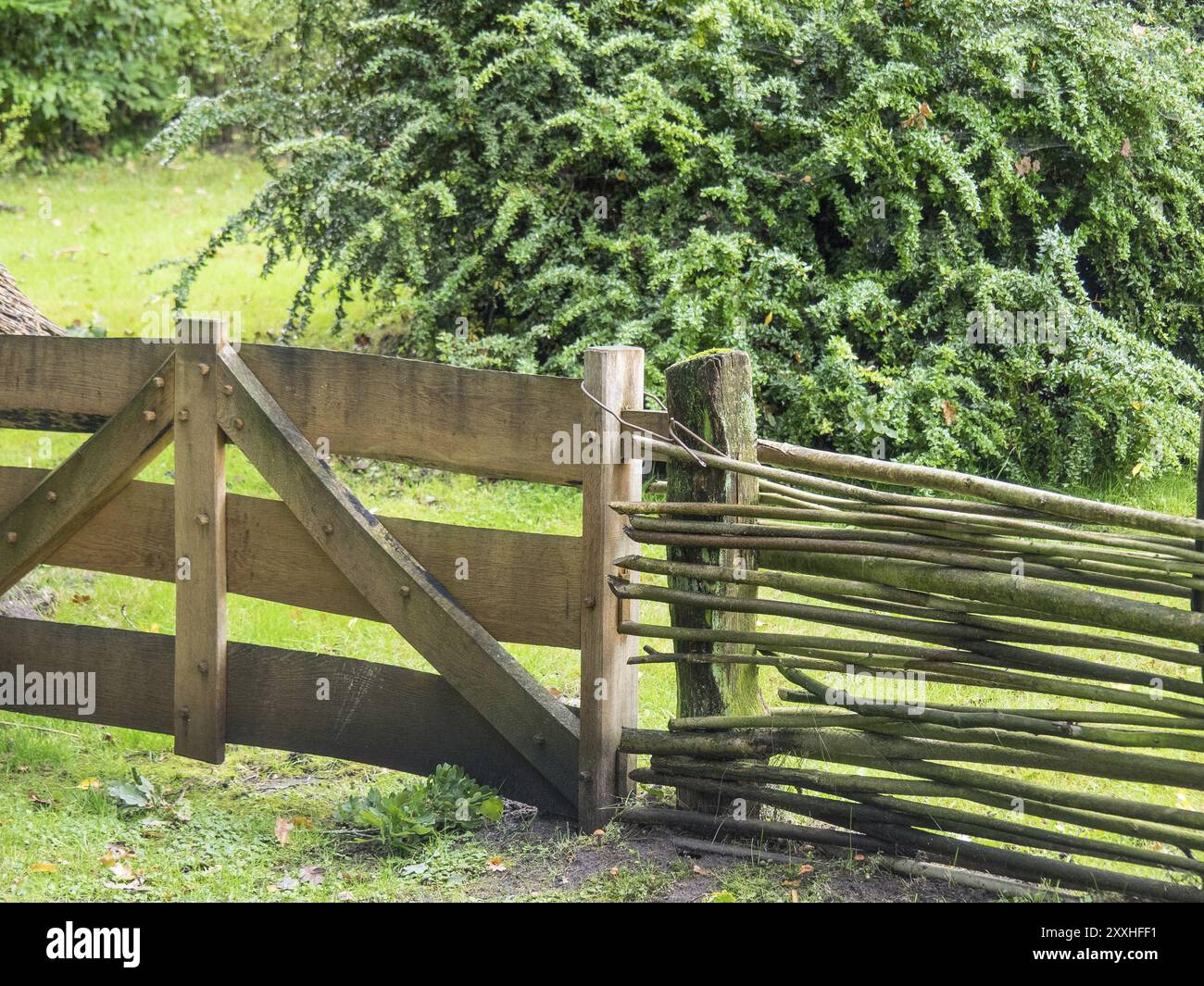 Wooden picket fence and wickerwork in a green garden with a rural ...