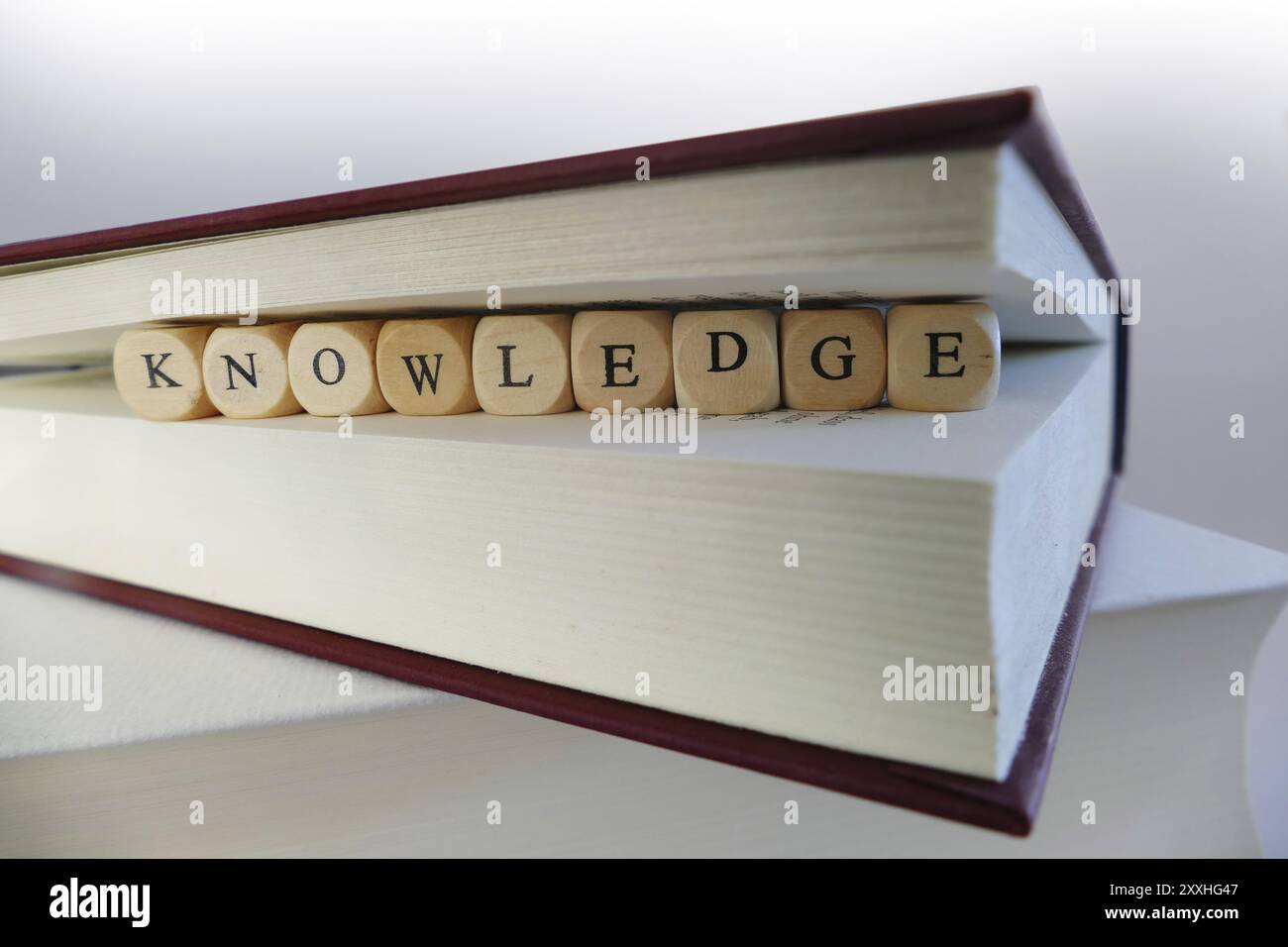 Knowledge message written in wooden blocks between pages of a book ...