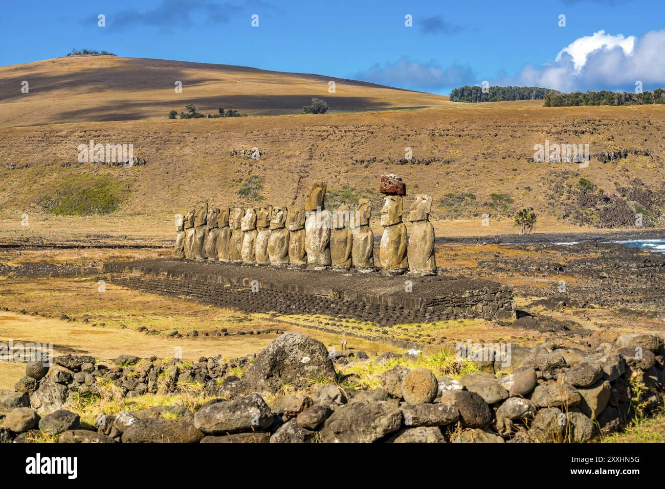 The famous Moai of Ahu Tongariki on Easter Island or Rapa Nui in Chile ...