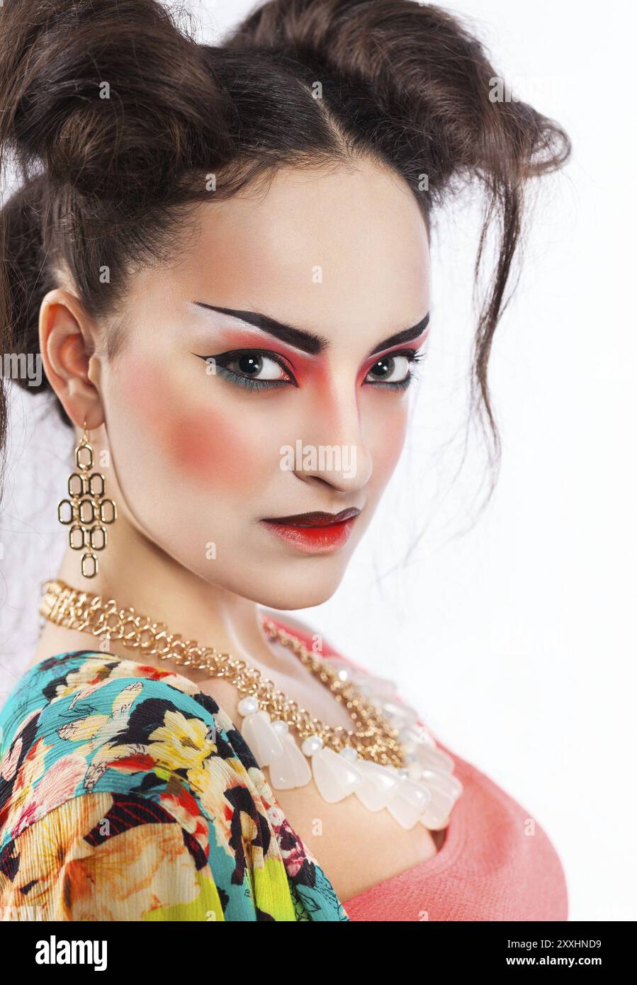 Stylized portrait of a Japanese geisha with bright make up Stock Photo ...